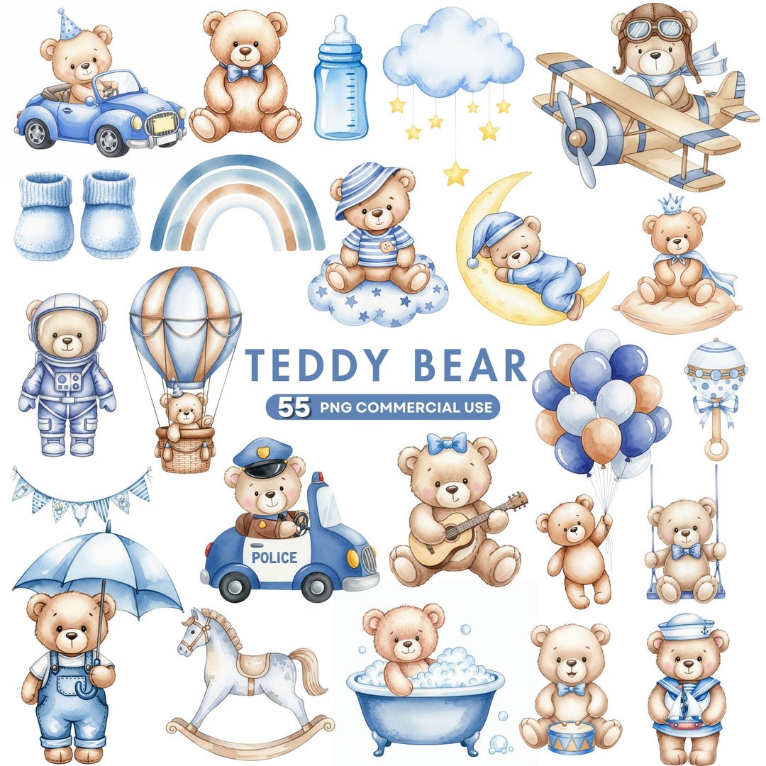 Watercolor Teddy Bear Clipart, Blue Bear Clipart, Baby Shower PNG ...