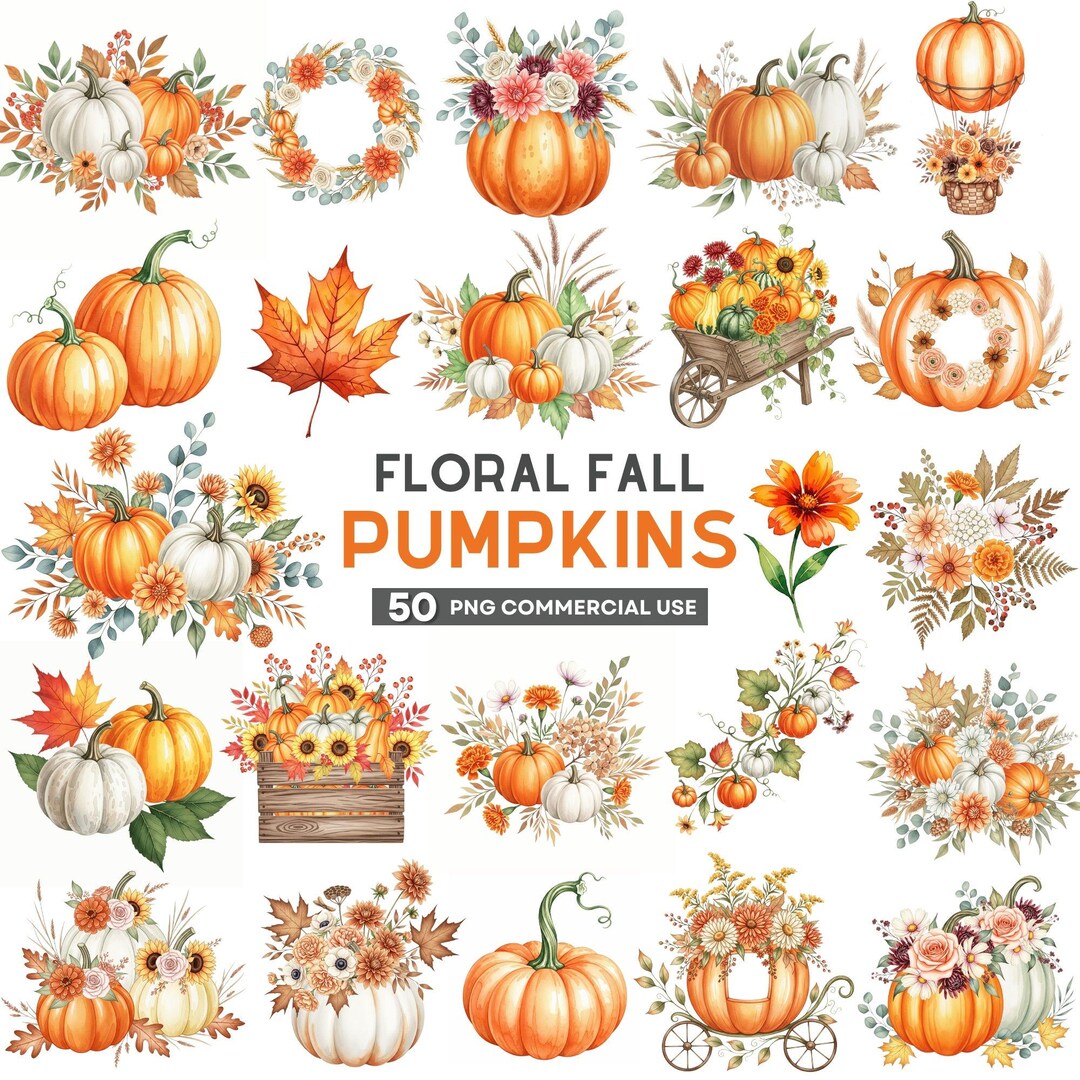 Watercolor Fall Pumpkin Clipart, Floral Autumn, Watercolor Pumpkin PNG ...