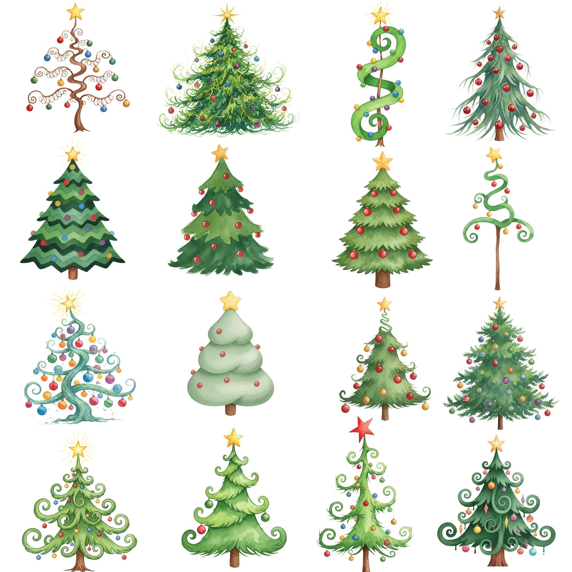 Whimsical Christmas Tree Clipart, Watercolor Tree Png, Quirky Holiday ...