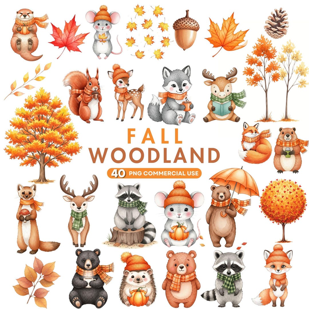 Watercolor Fall Animals Clipart: Woodland Baby Shower PNG Bundle - Etsy