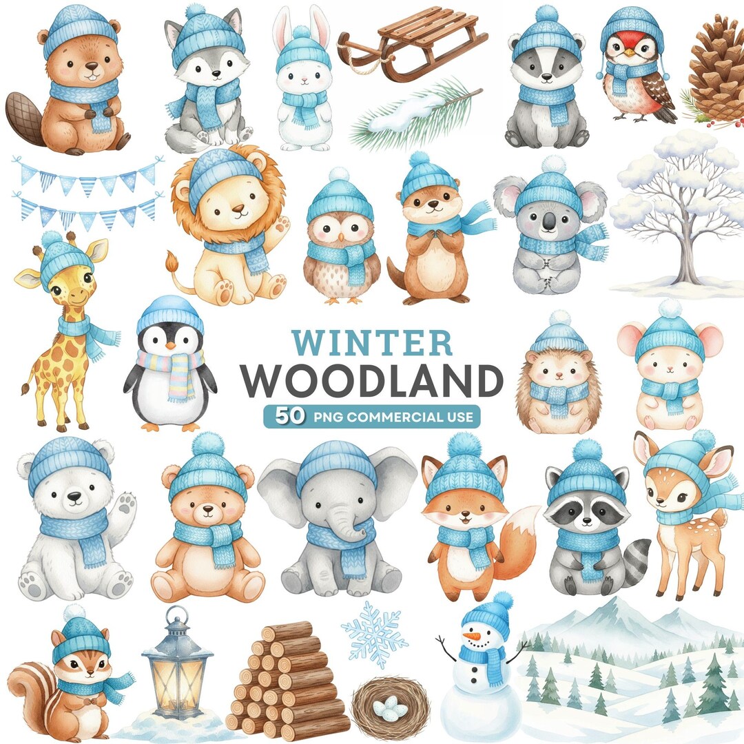 Winter Woodland Clipart, Watercolor Winter Animals, Snowy Forest ...