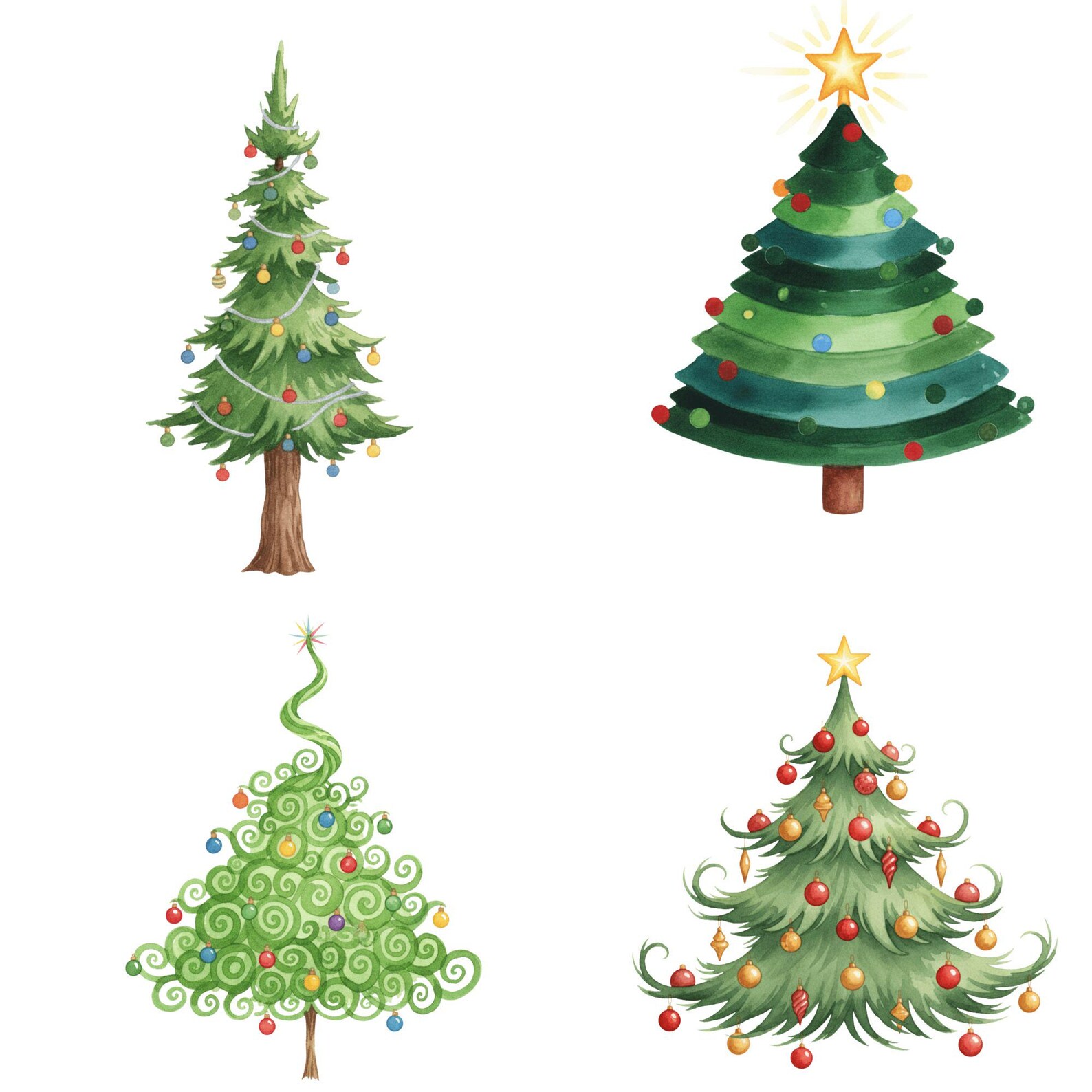 Whimsical Christmas Tree Clipart, Watercolor Tree Png, Quirky Holiday ...