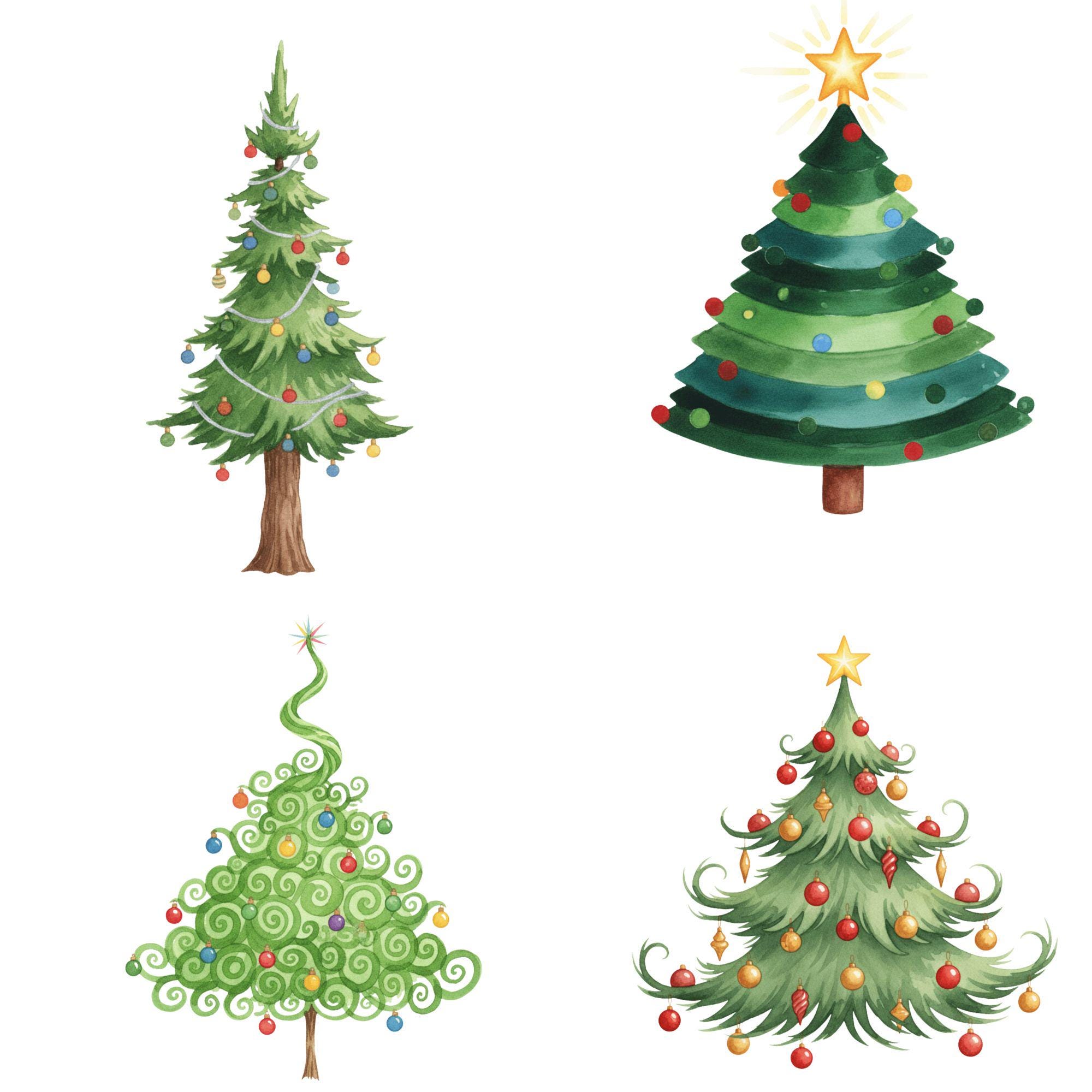 Whimsical Christmas Tree Clipart, Watercolor Tree Png, Quirky Holiday ...