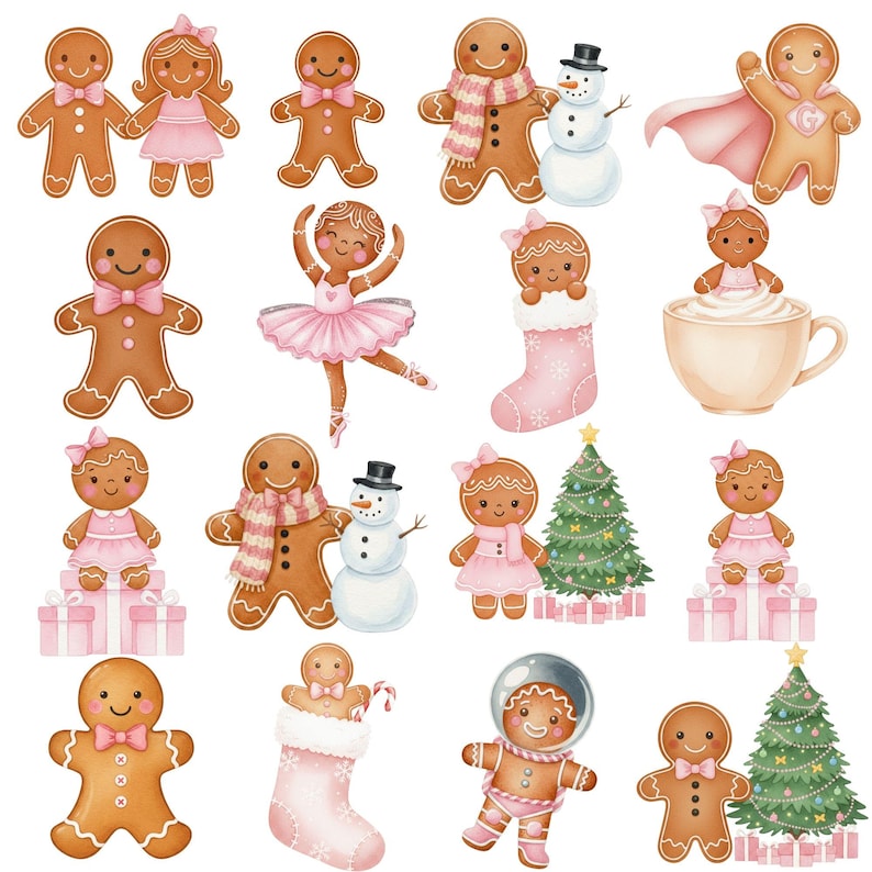 Pink Gingerbread Clipart, Cute Christmas PNG, Watercolor Gingerbread ...
