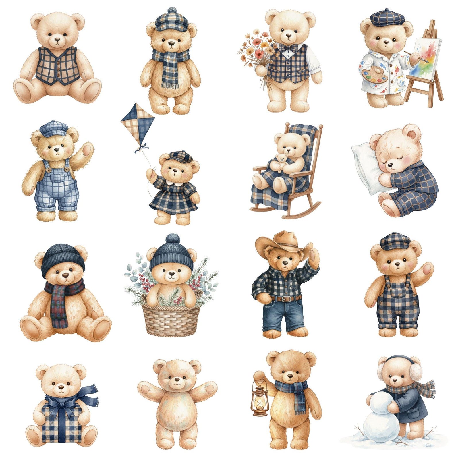 Watercolor Winter Teddy Bears Clipart, Cute Christmas Bears PNG, Tartan ...
