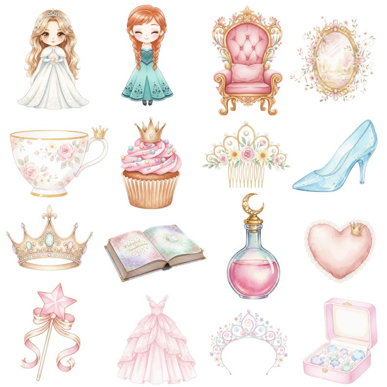 Watercolor Princess Clipart, Cute Princess PNG Bundle, Fairytale Castle ...
