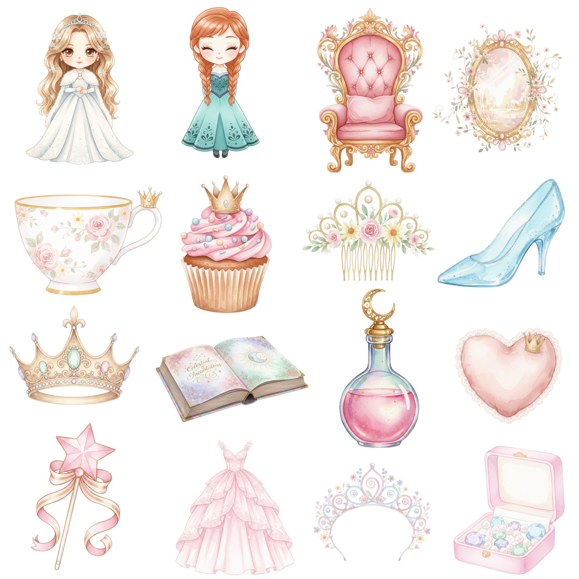 Watercolor Princess Clipart, Cute Princess PNG Bundle, Fairytale Castle ...