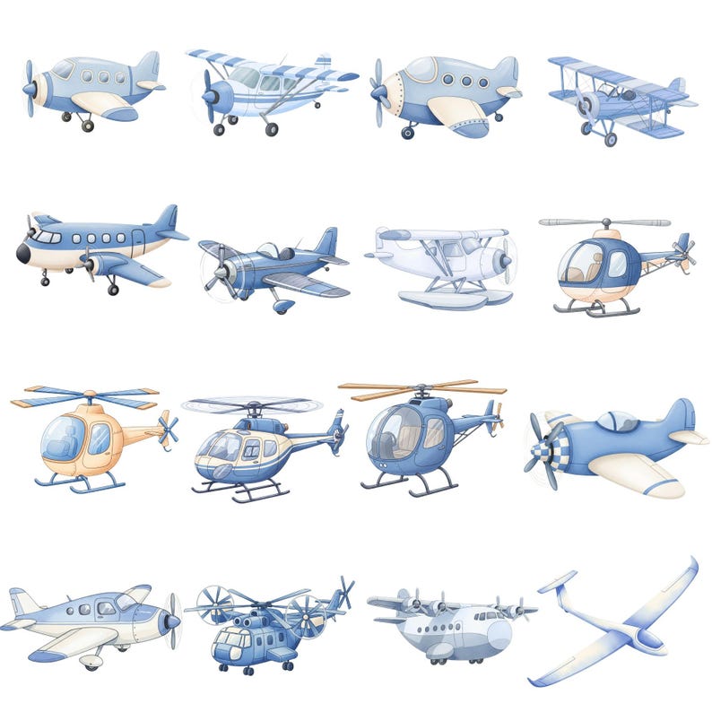 Cute Air Transport Clipart Bundle, Watercolor Airplane, Helicopter, Hot ...