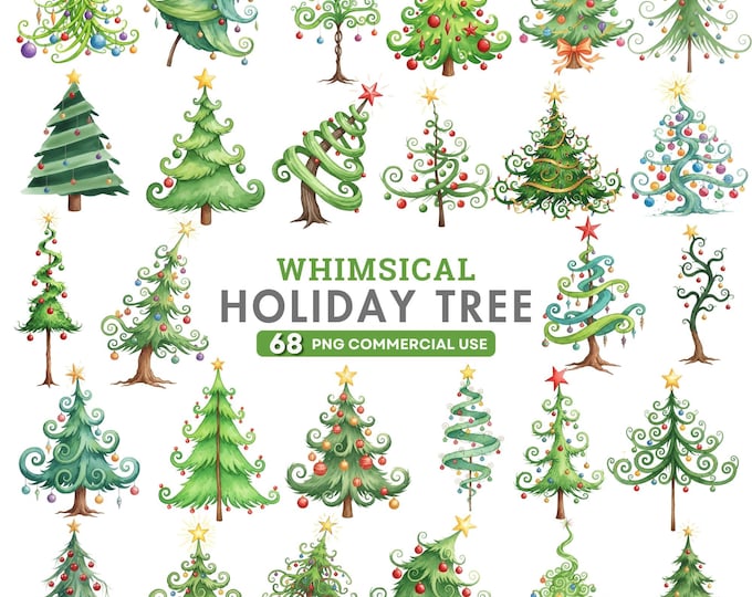 Whimsical Christmas Tree Clipart: Cute Holiday PNG Images (digital ...
