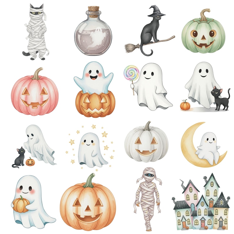 Cute Halloween Clipart, Spooky Ghost PNG, Watercolor Pumpkin Clipart ...