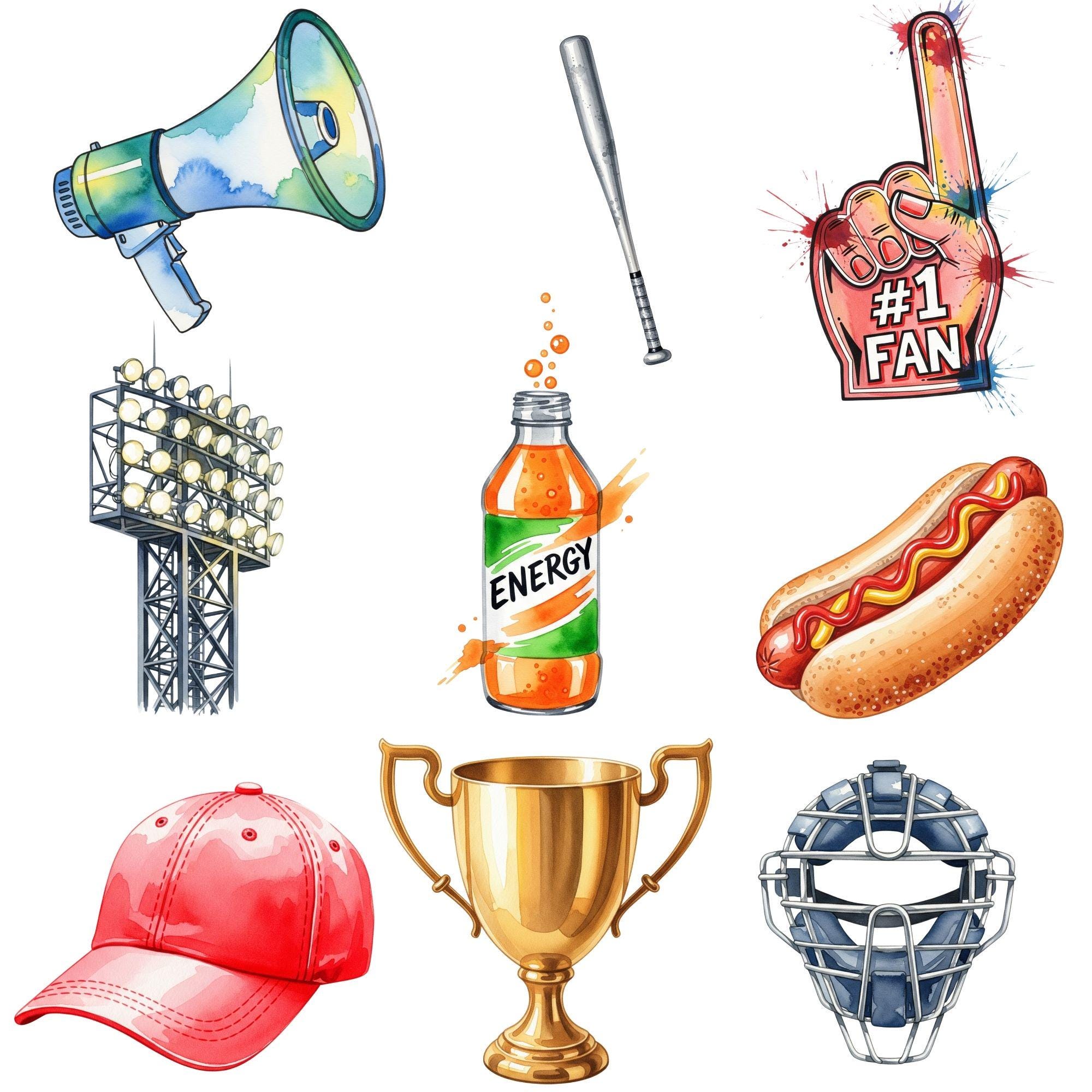 Baseball Clipart Bundle, Watercolor Sports PNG, Baseball Bat, Glove ...