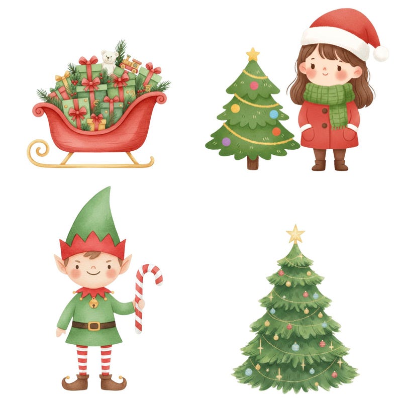 Watercolor Christmas Clipart, Christmas Kids PNG, Cute Elf Clipart ...