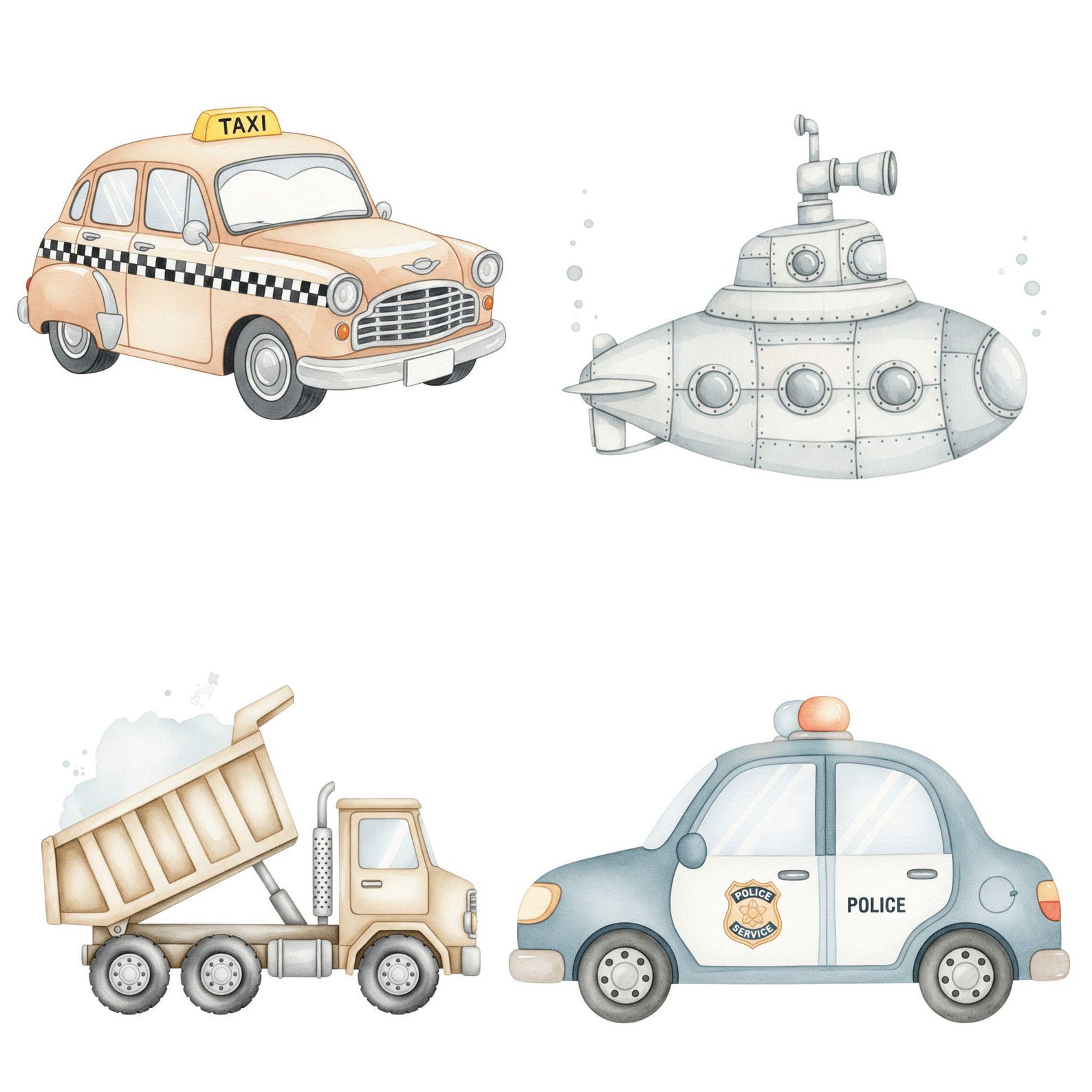 Cute Transportation Clipart, Watercolor Vehicle PNG, Cute Car Truck ...