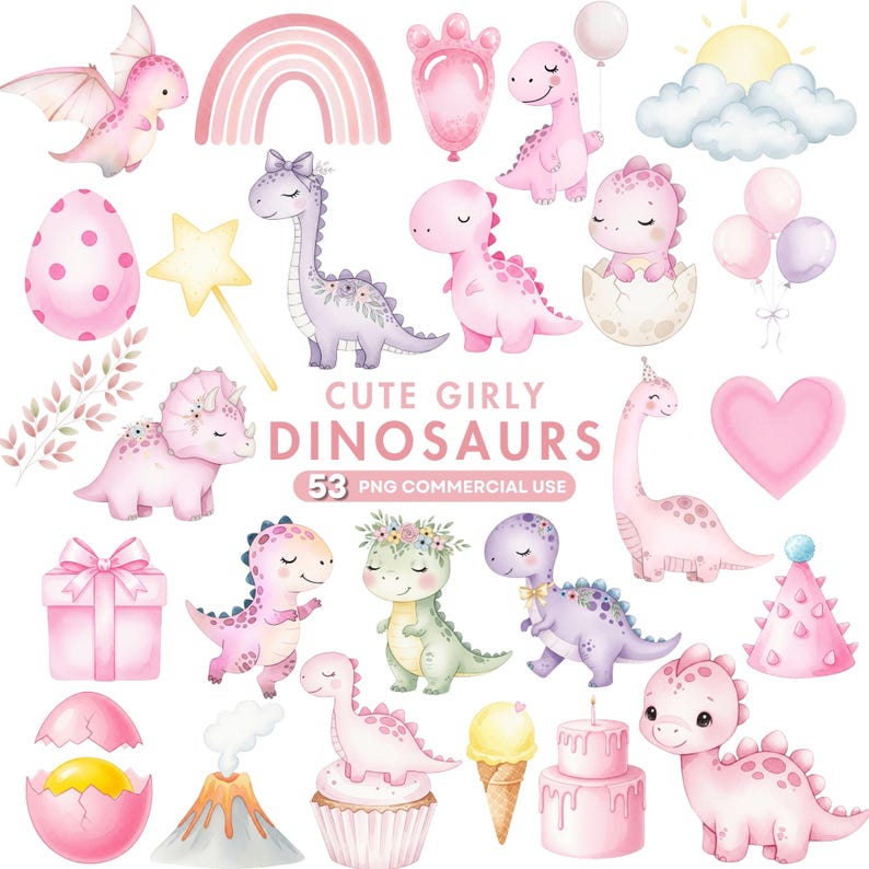 Watercolor Dinosaur Clipart: Pink Baby Dino PNG (instant Download) - Etsy