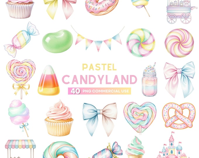 Watercolor Pastel Candyland Clipart, Cotton Candy, Lollipop, Macaron ...