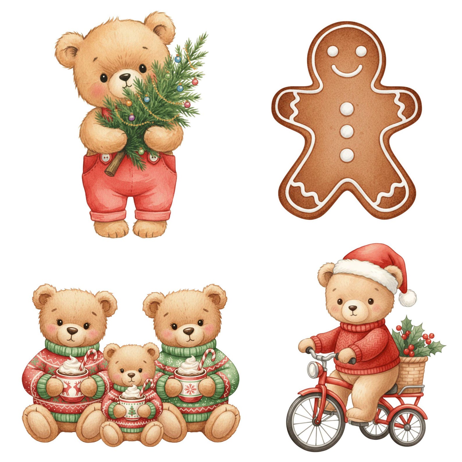 Christmas Teddy Bear Clipart, Whimsical Holiday Bear, Watercolor ...