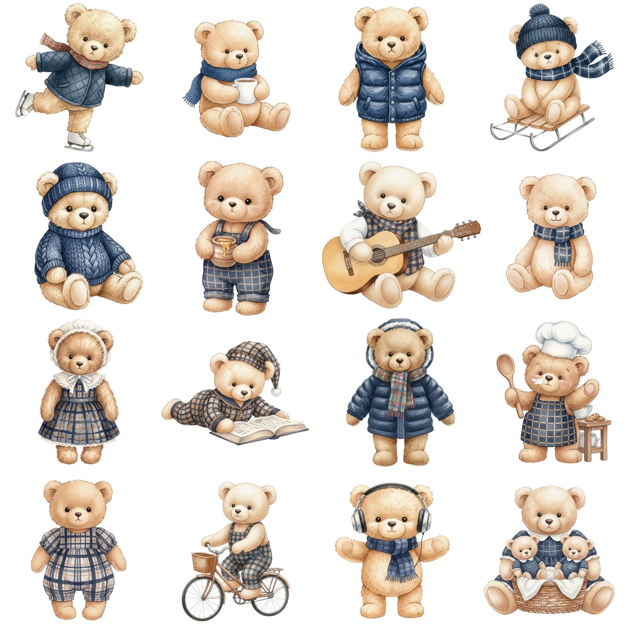 Watercolor Winter Teddy Bears Clipart, Cute Christmas Bears PNG, Tartan ...