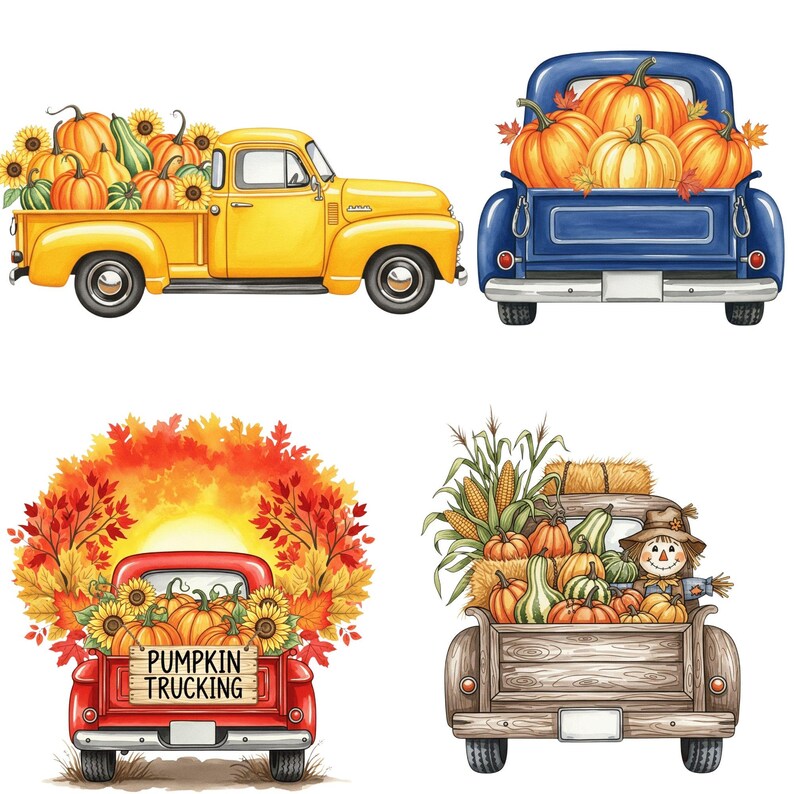 Watercolor Fall Truck Clipart, Pumpkin Truck PNG, Autumn Harvest Truck ...
