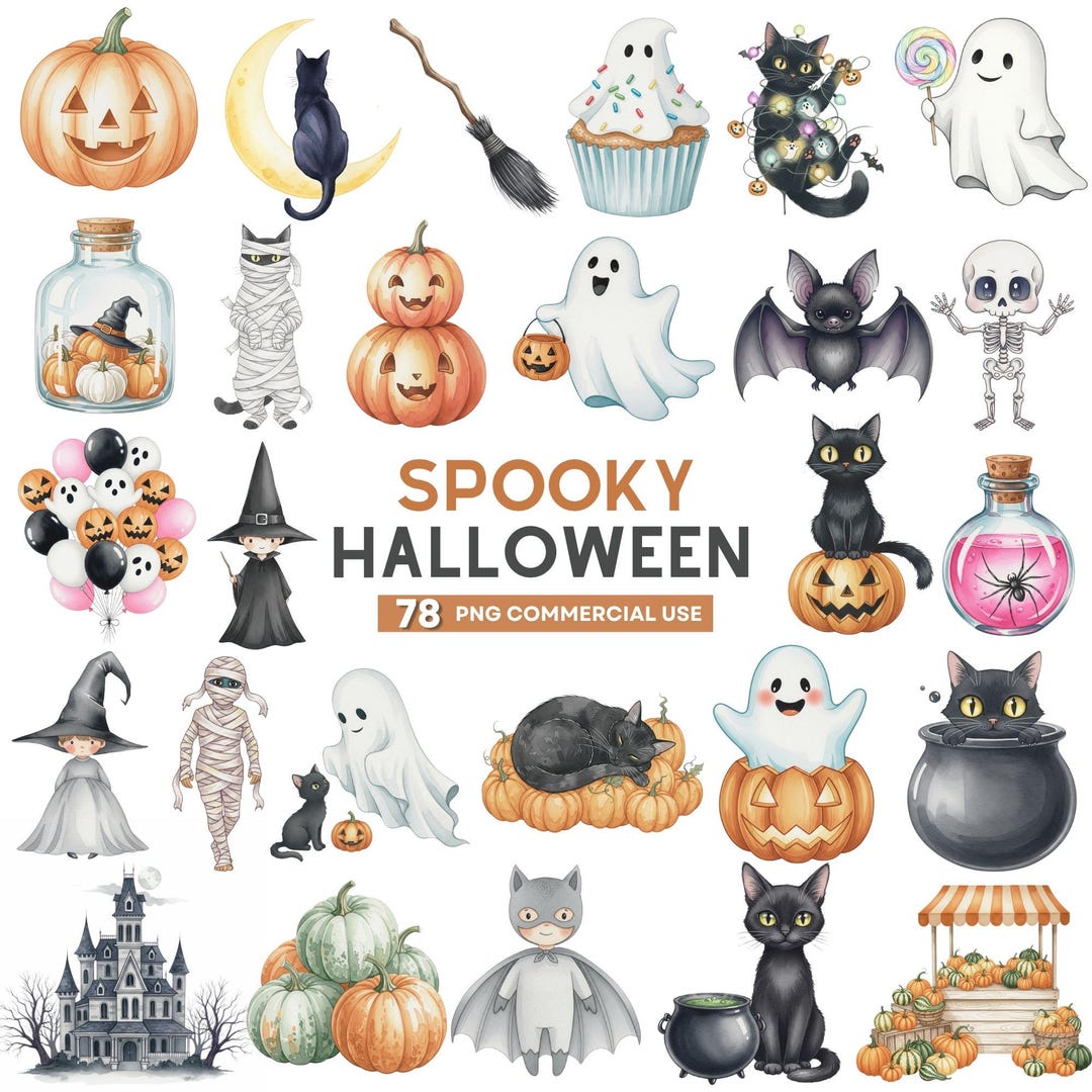 Cute Halloween Clipart, Spooky Ghost PNG, Watercolor Pumpkin Clipart ...