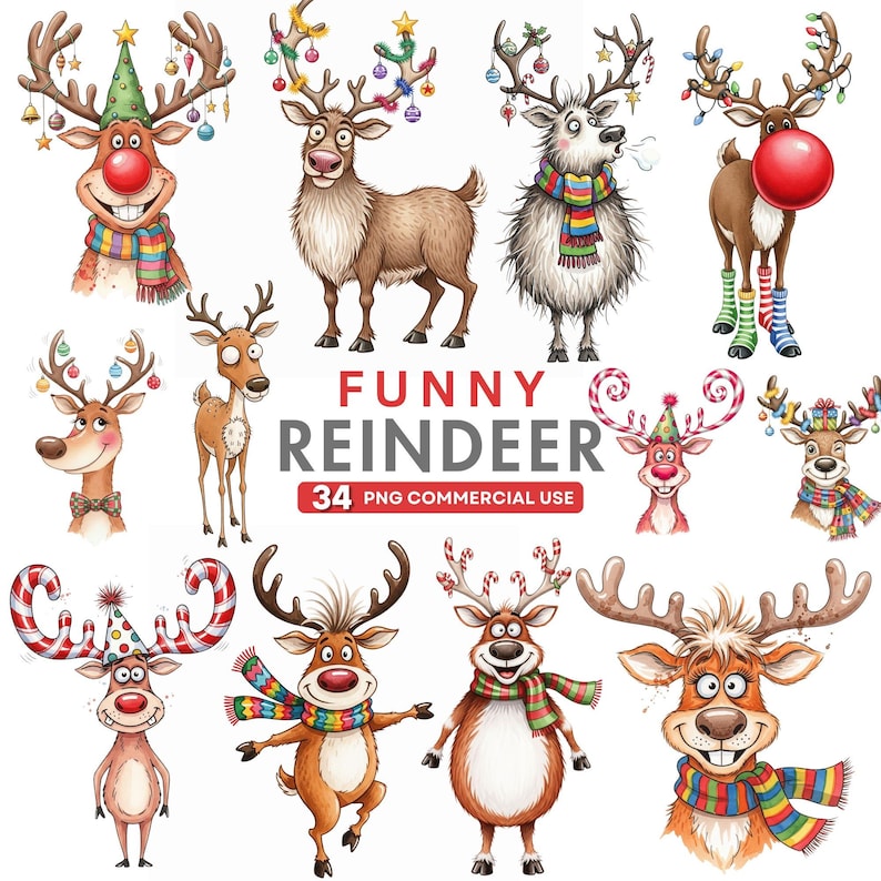 Quirky Christmas Reindeer Clipart, Funny Reindeer PNG, Watercolor ...