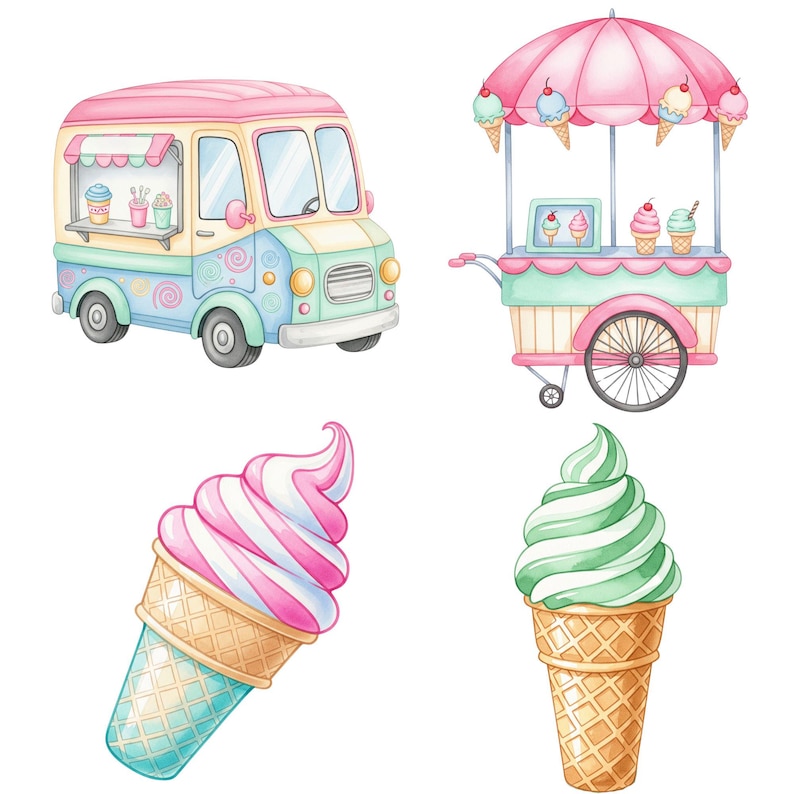 Ice Cream Truck Clipart, Ice Cream Cart PNG, Watercolor Ice Cream Van ...