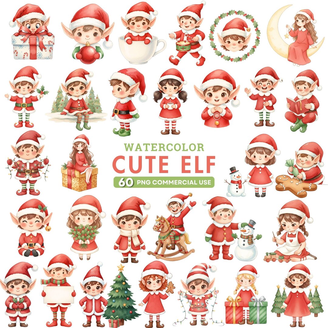 Christmas Elf Clipart Set, Watercolor Holiday Elves PNG, Cute Santa ...