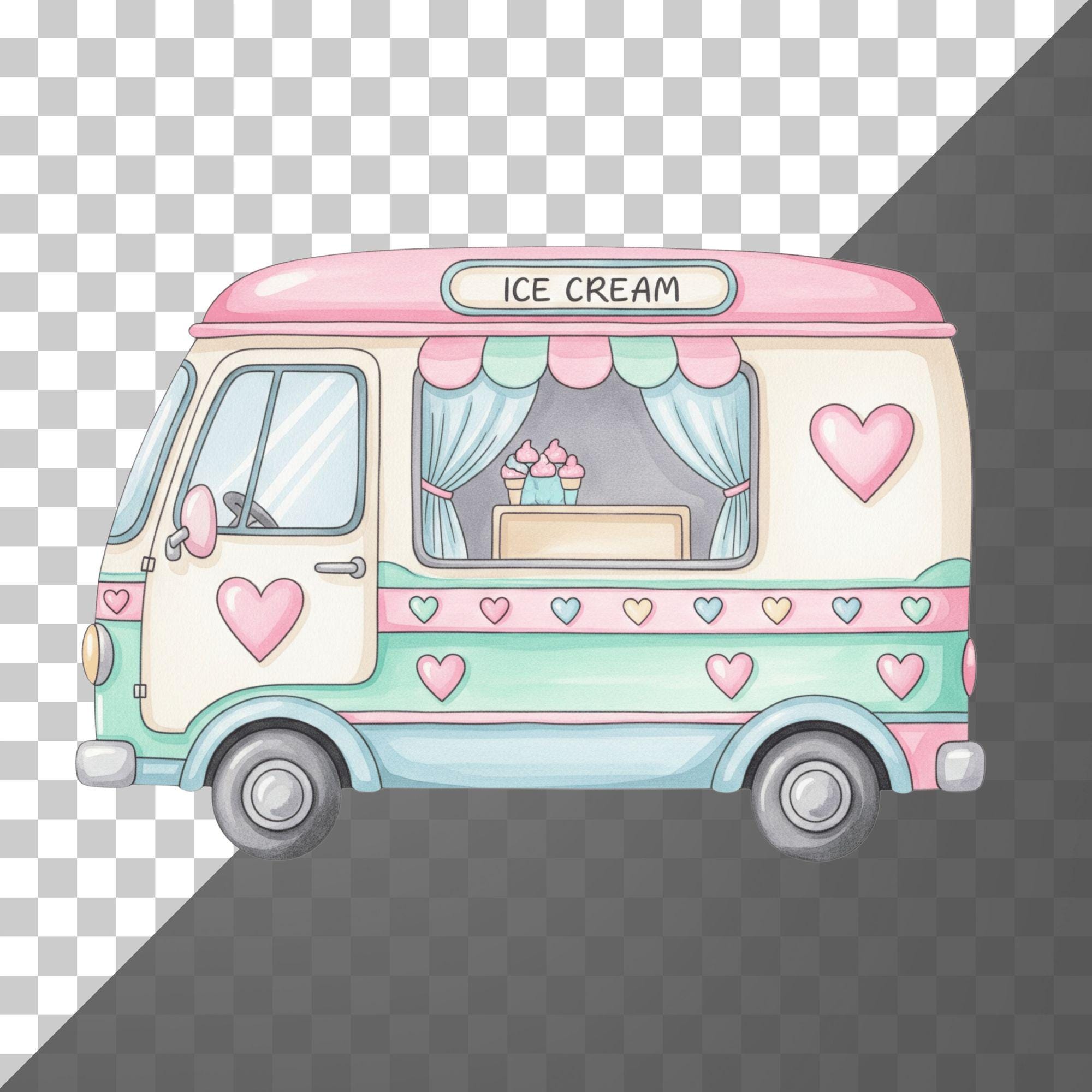 Ice Cream Truck Clipart, Ice Cream Cart PNG, Watercolor Ice Cream Van ...