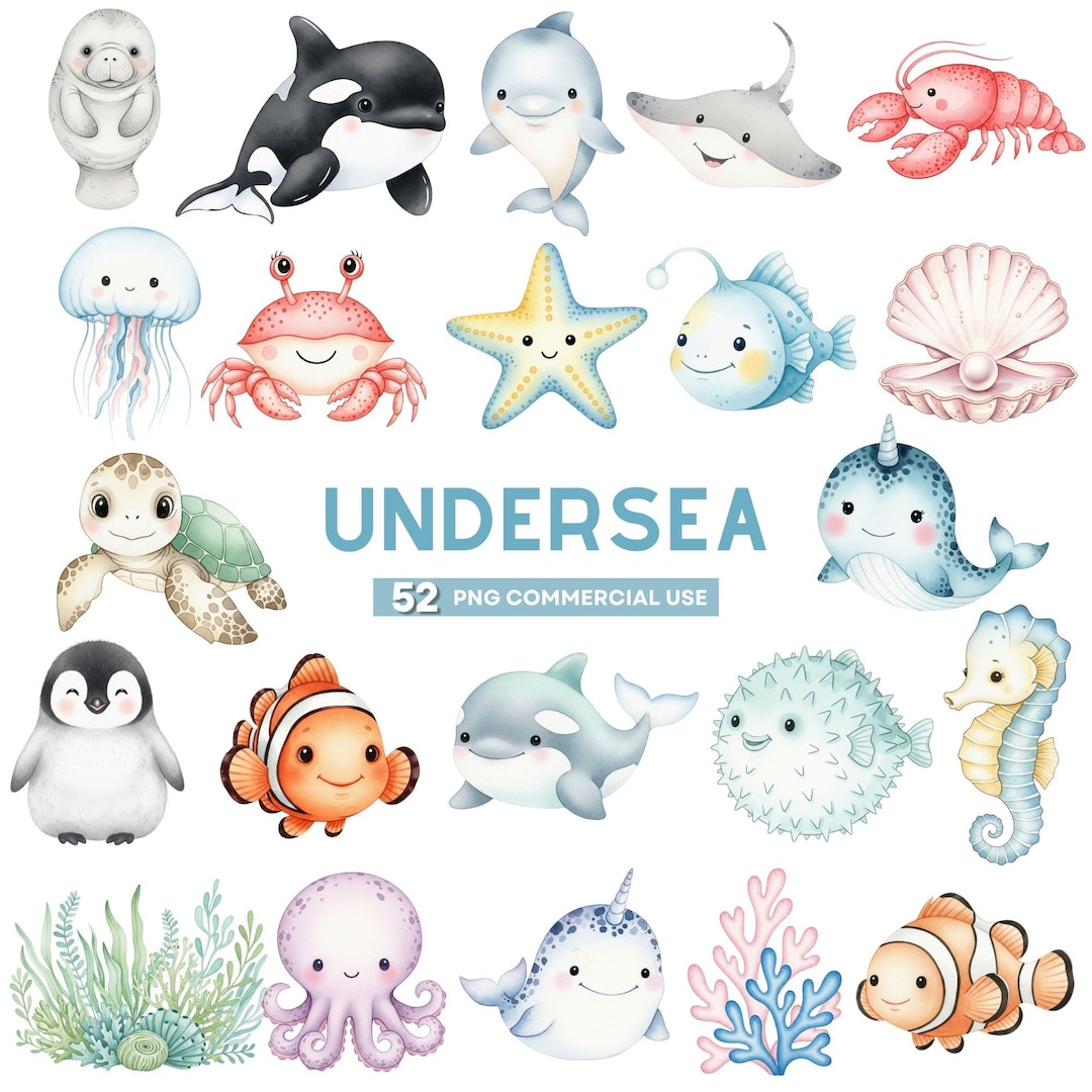 Cute Undersea Clipart, Watercolor Ocean Animals PNG, Cute Sea Life ...