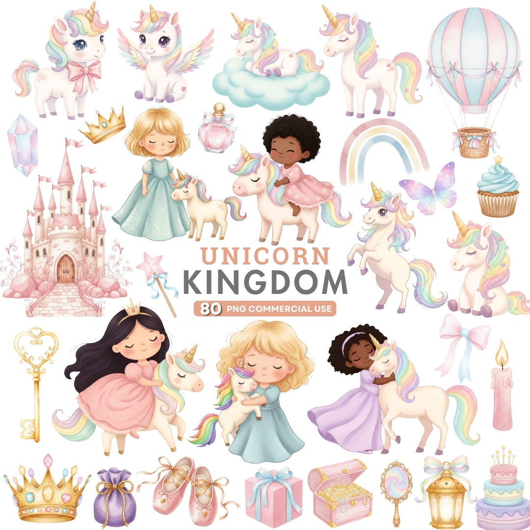 Watercolor Unicorn and Princess Clipart, Unicorn Kingdom Png, Rainbow ...