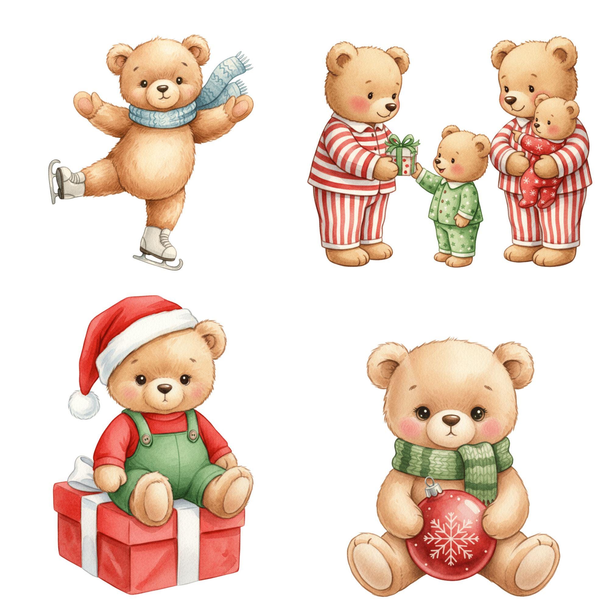 Christmas Teddy Bear Clipart, Whimsical Holiday Bear, Watercolor ...