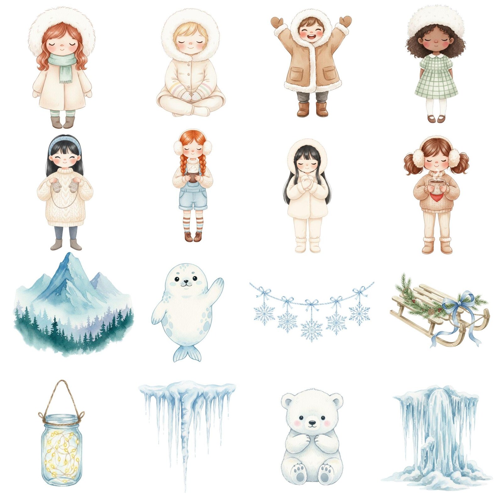 Cute Winter Clipart, Winter Kids PNG, Watercolor Snowman, Polar Bear ...
