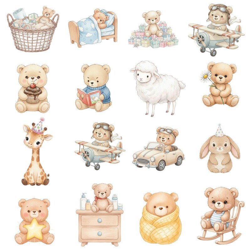 Neutral Baby Shower Clipart, Boho Baby Clipart, Watercolor Teddy Bear ...