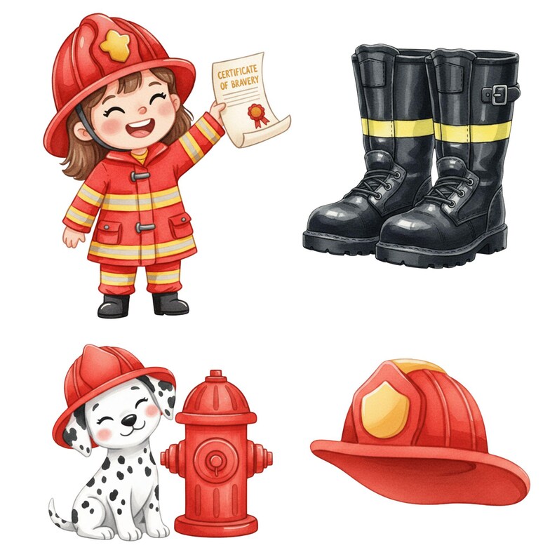 Little Firefighter Clipart, Watercolor Fire Truck PNG, Kids Firefighter ...