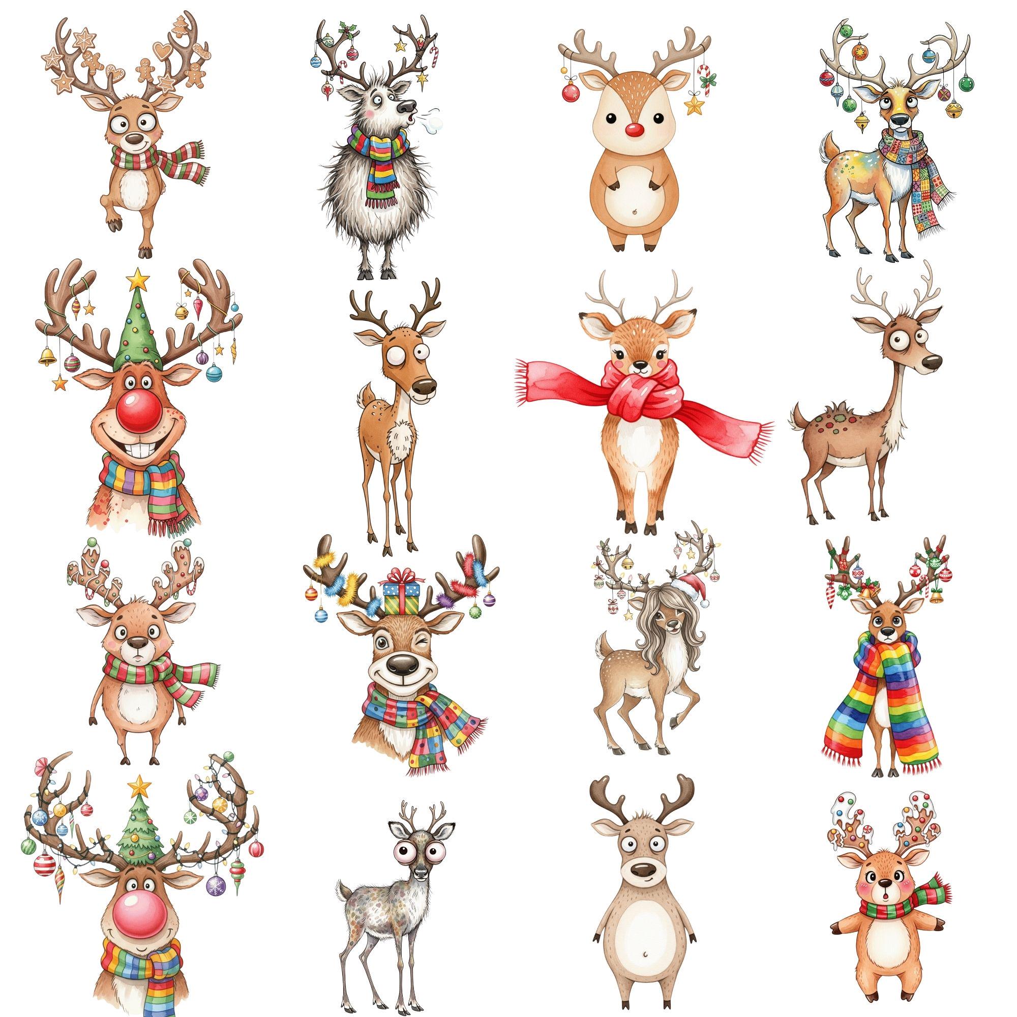 Quirky Christmas Reindeer Clipart, Funny Reindeer PNG, Watercolor ...