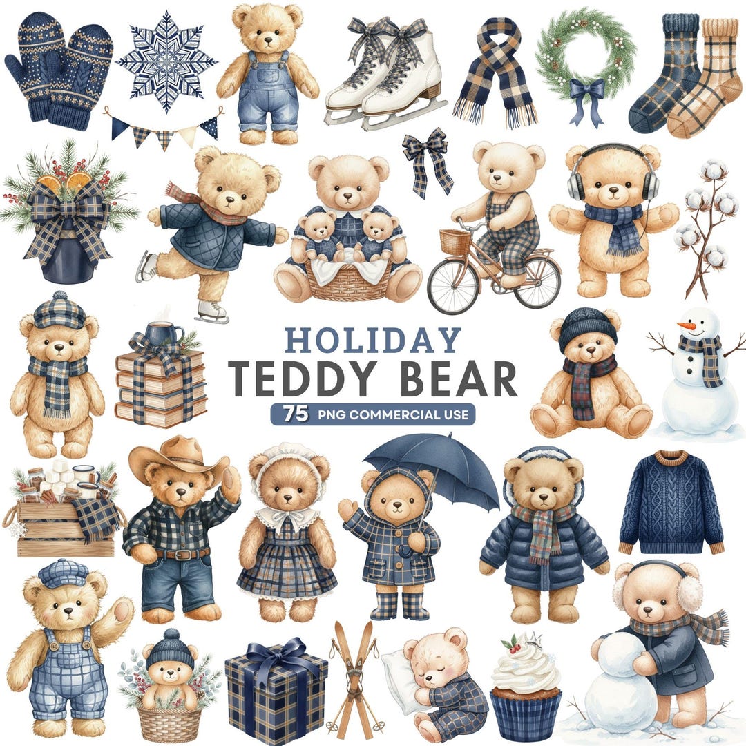 Watercolor Winter Teddy Bears Clipart, Cute Christmas Bears PNG, Tartan ...