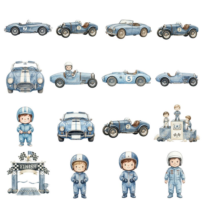 Blue Racing Clipart, Watercolor Race Car PNG, Little Racer Nursery Art ...