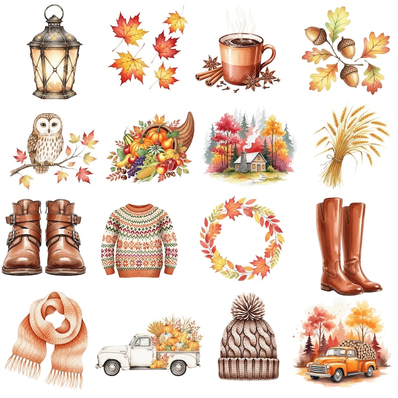 Cozy Fall Clipart, Autumn Clipart Bundle, Pumpkin Clipart, Fall Leaves ...