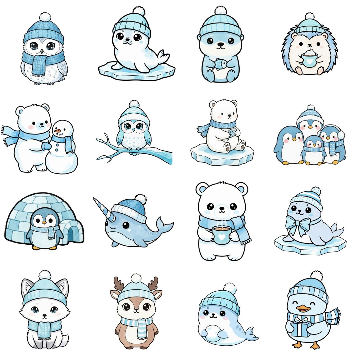Kawaii Winter Clipart, Cute Winter Animals PNG, Blue Winter Critter ...