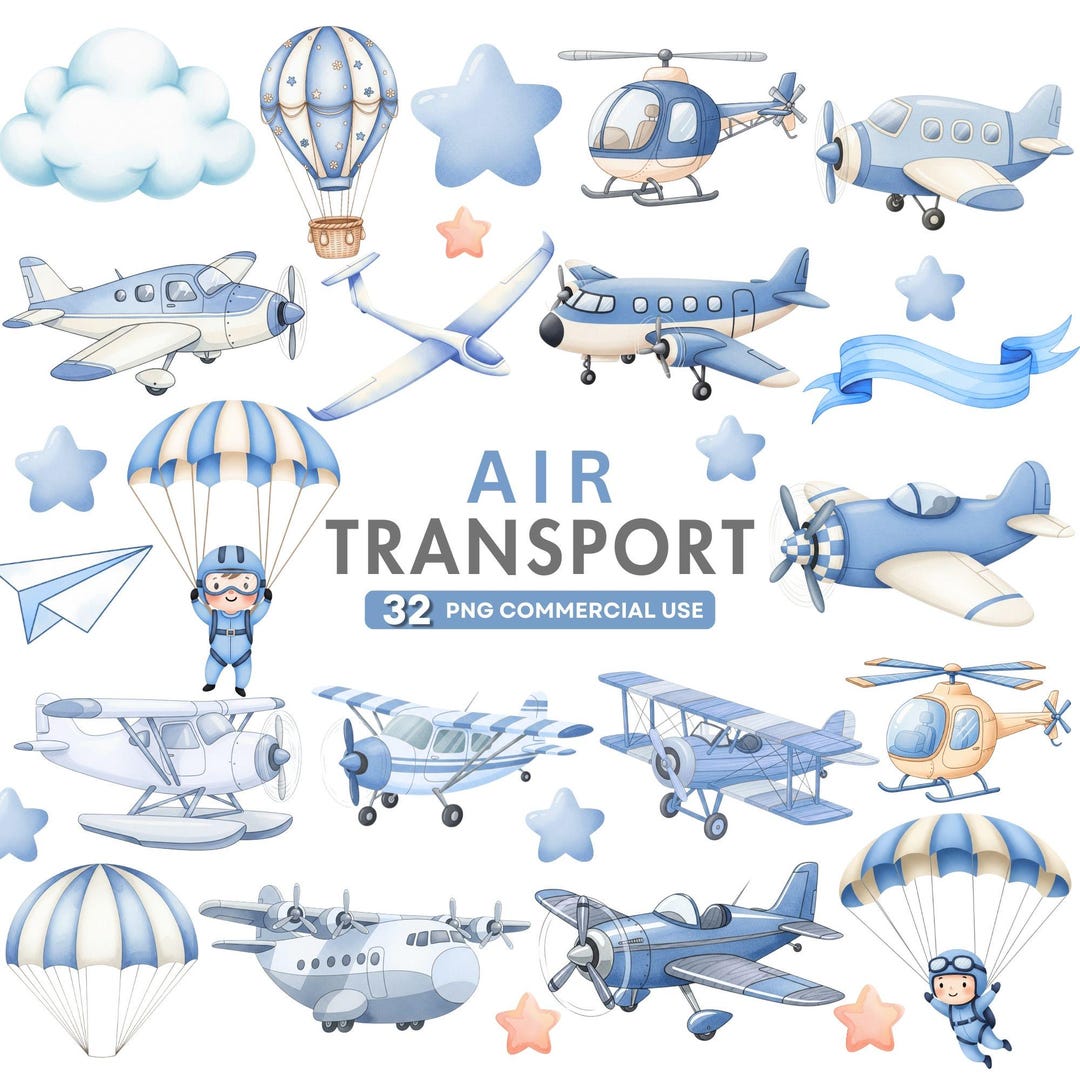 Air Transport Clipart, Watercolor Airplane, Hot Balloon, Helicopter ...
