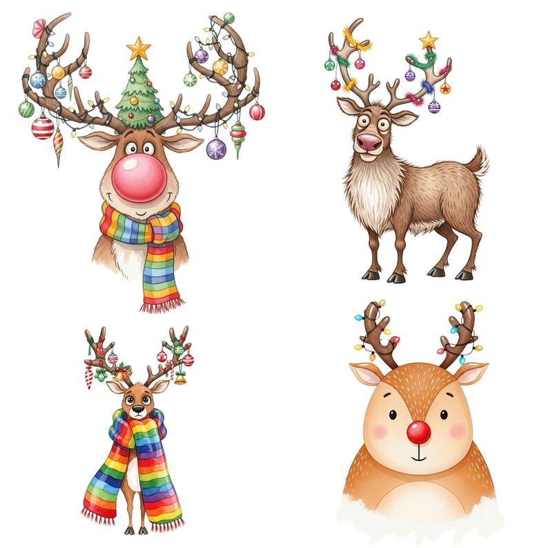 Quirky Christmas Reindeer Clipart, Funny Reindeer PNG, Watercolor ...