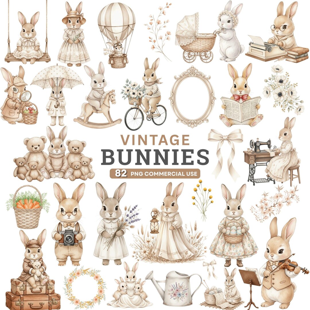 Vintage Bunny Clipart, Watercolor Easter Bunny PNG, Cute Bunny Clipart ...