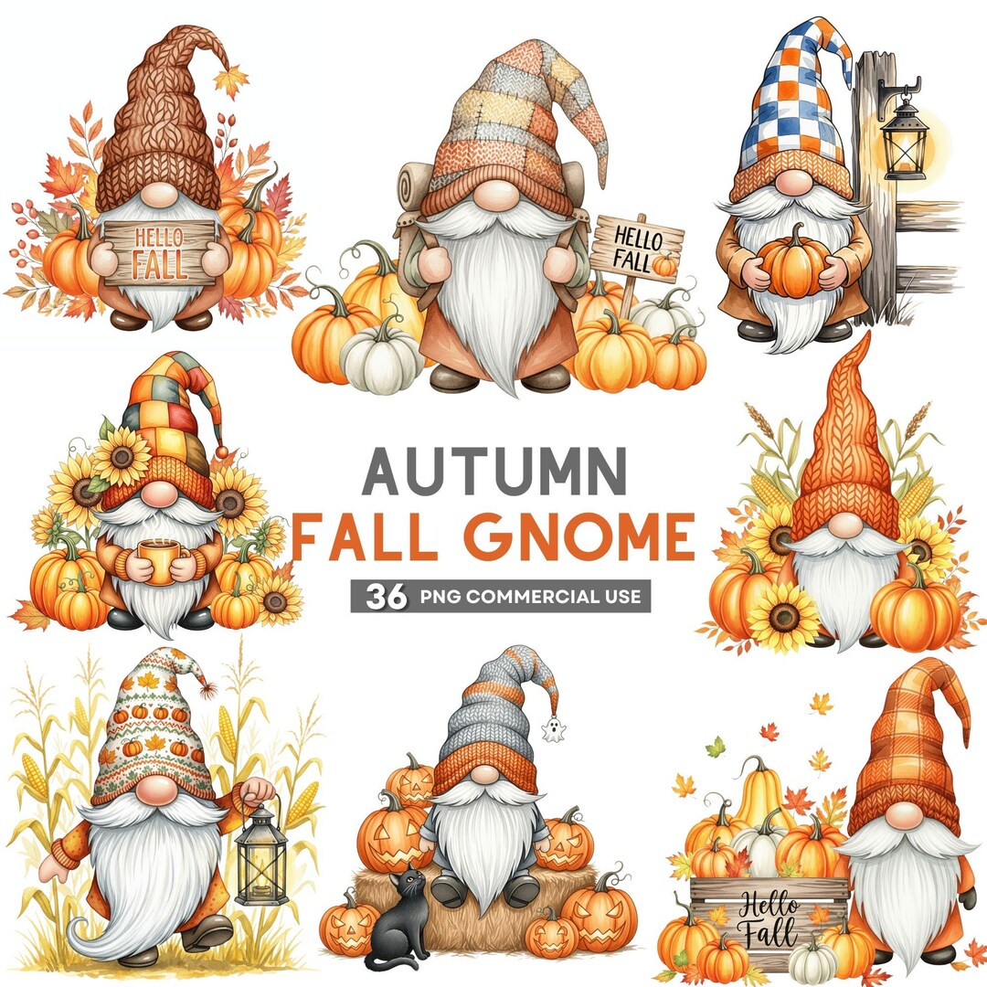 Watercolor Fall Gnome Clipart, Autumn Gnomes PNG, Cute Gnome, Pumpkin ...