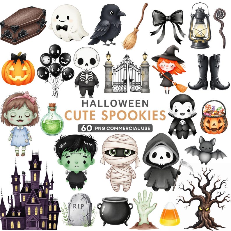 Cute Halloween Clipart, Spooky PNG, Witch Clip Art, Ghosts, Black Cat ...