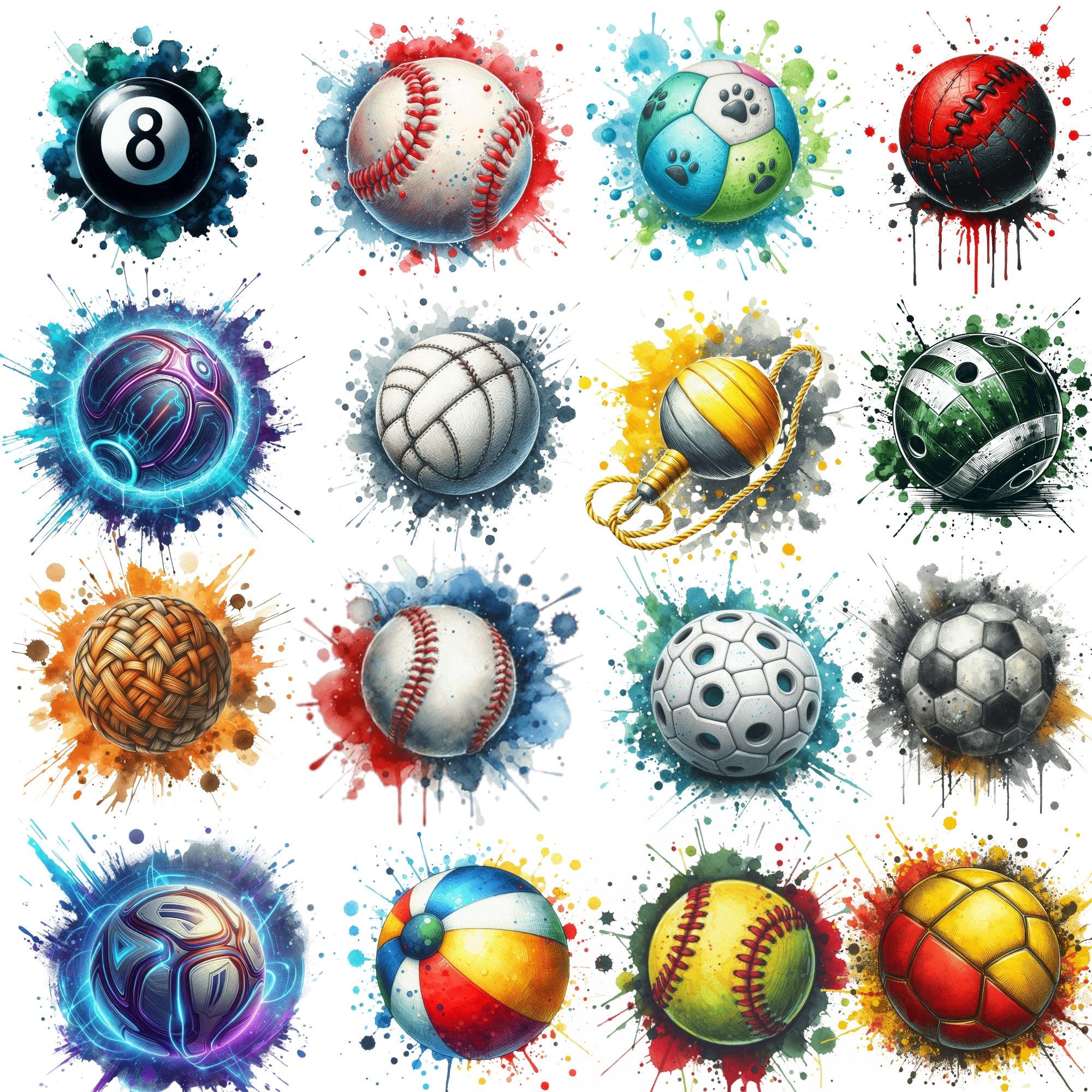 Watercolor Sports Ball Clipart, Basketball, Soccer, Football, Baseball ...