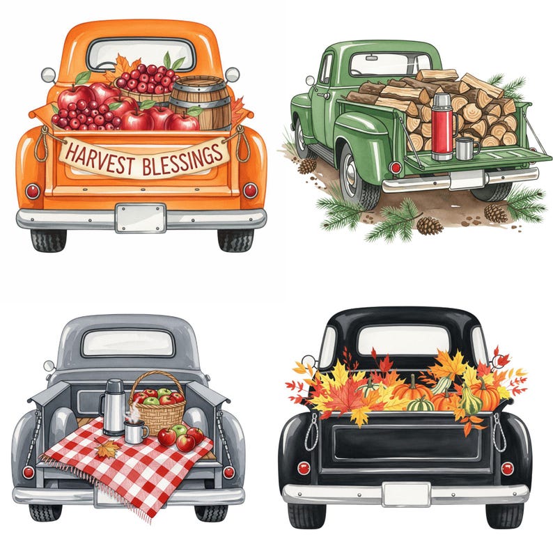 Watercolor Fall Truck Clipart, Pumpkin Truck PNG, Autumn Harvest Truck ...