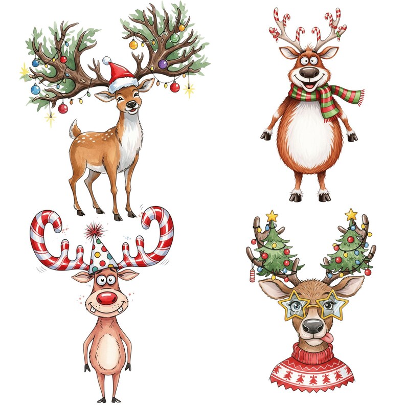 Quirky Christmas Reindeer Clipart, Funny Reindeer PNG, Watercolor ...