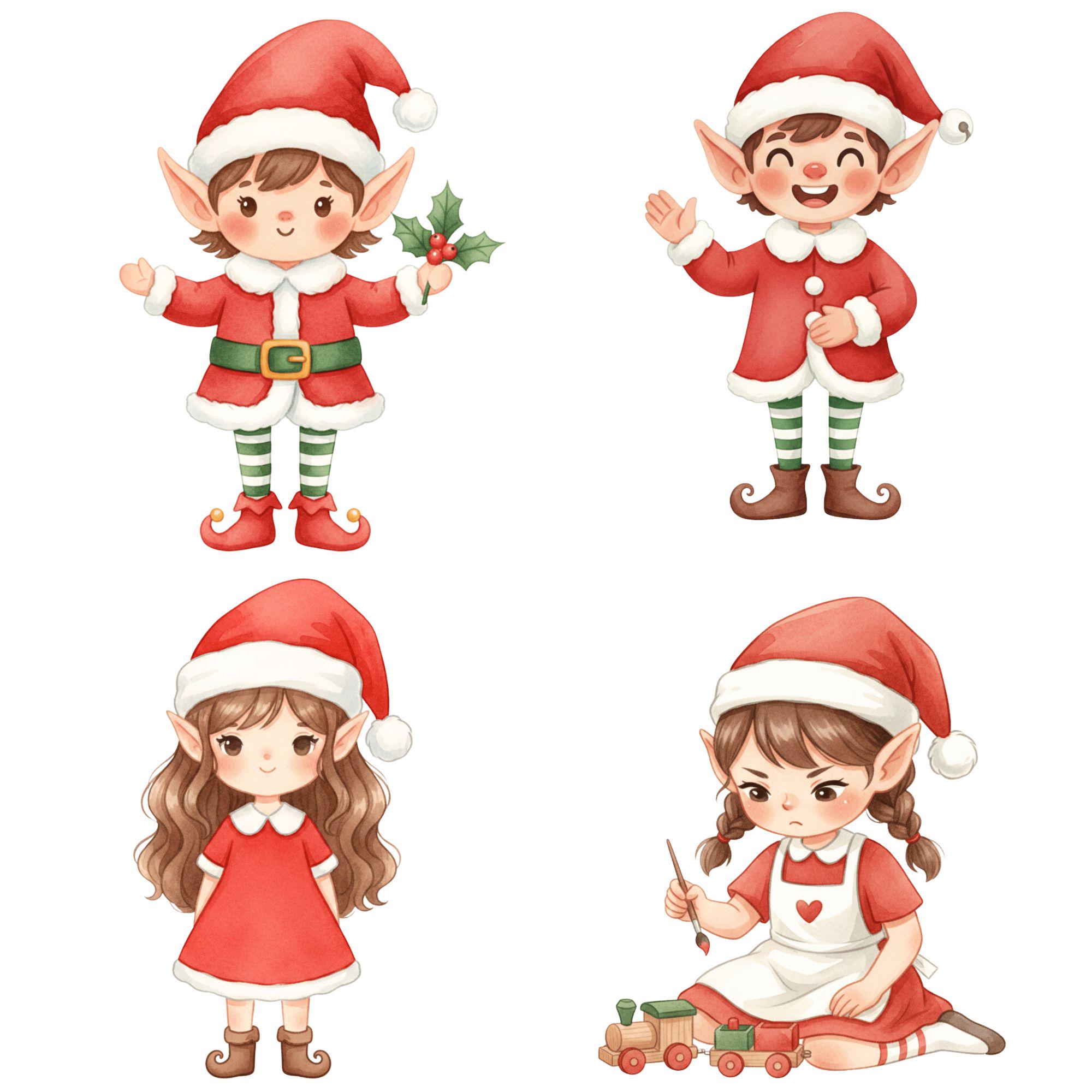 Christmas Elf Clipart Set, Watercolor Holiday Elves PNG, Cute Santa ...