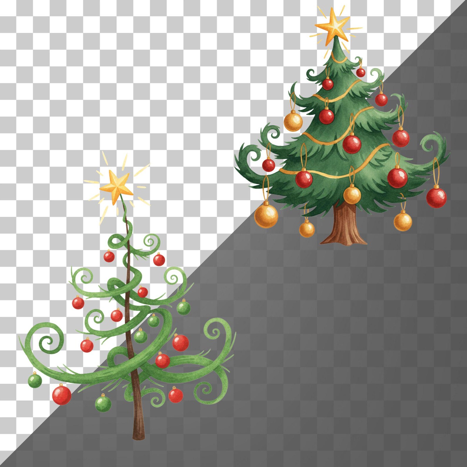 Whimsical Christmas Tree Clipart, Watercolor Tree Png, Quirky Holiday ...