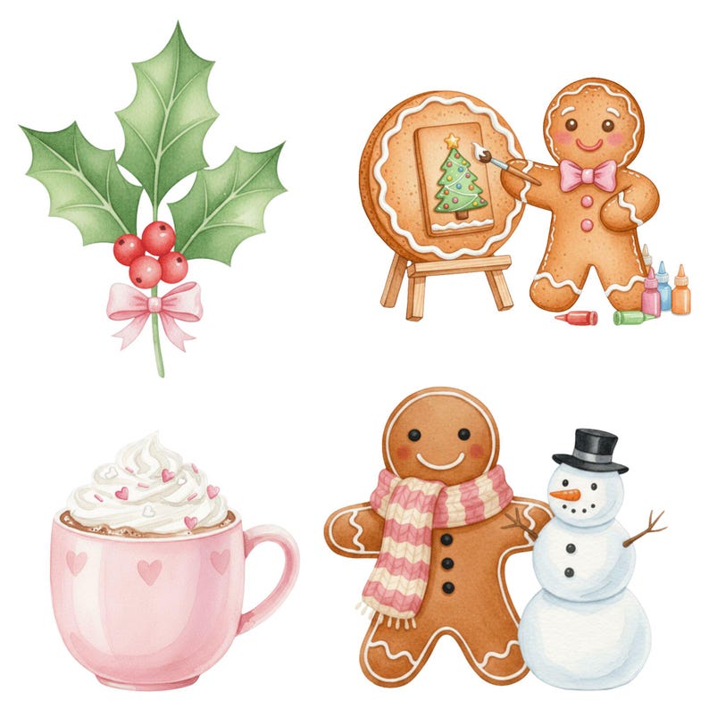 Pink Gingerbread Clipart, Cute Christmas PNG, Watercolor Gingerbread ...