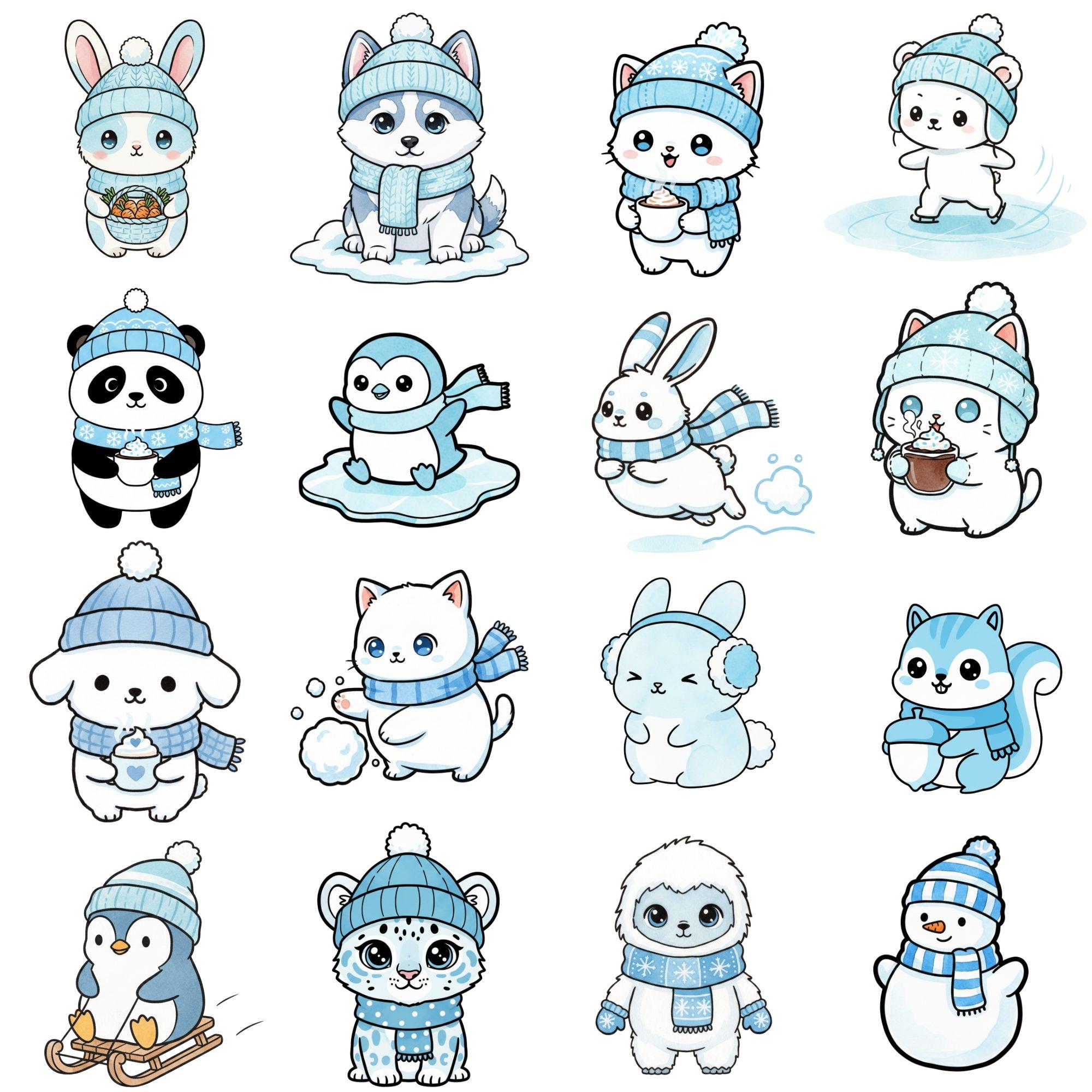 Kawaii Winter Clipart, Cute Winter Animals PNG, Blue Winter Critter ...